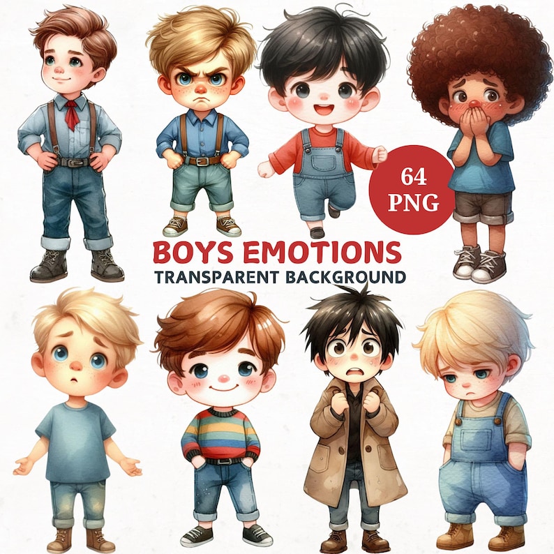 Watercolor Boy Emotions Clipart Bundle: 64 PNG Illustrations (digital ...
