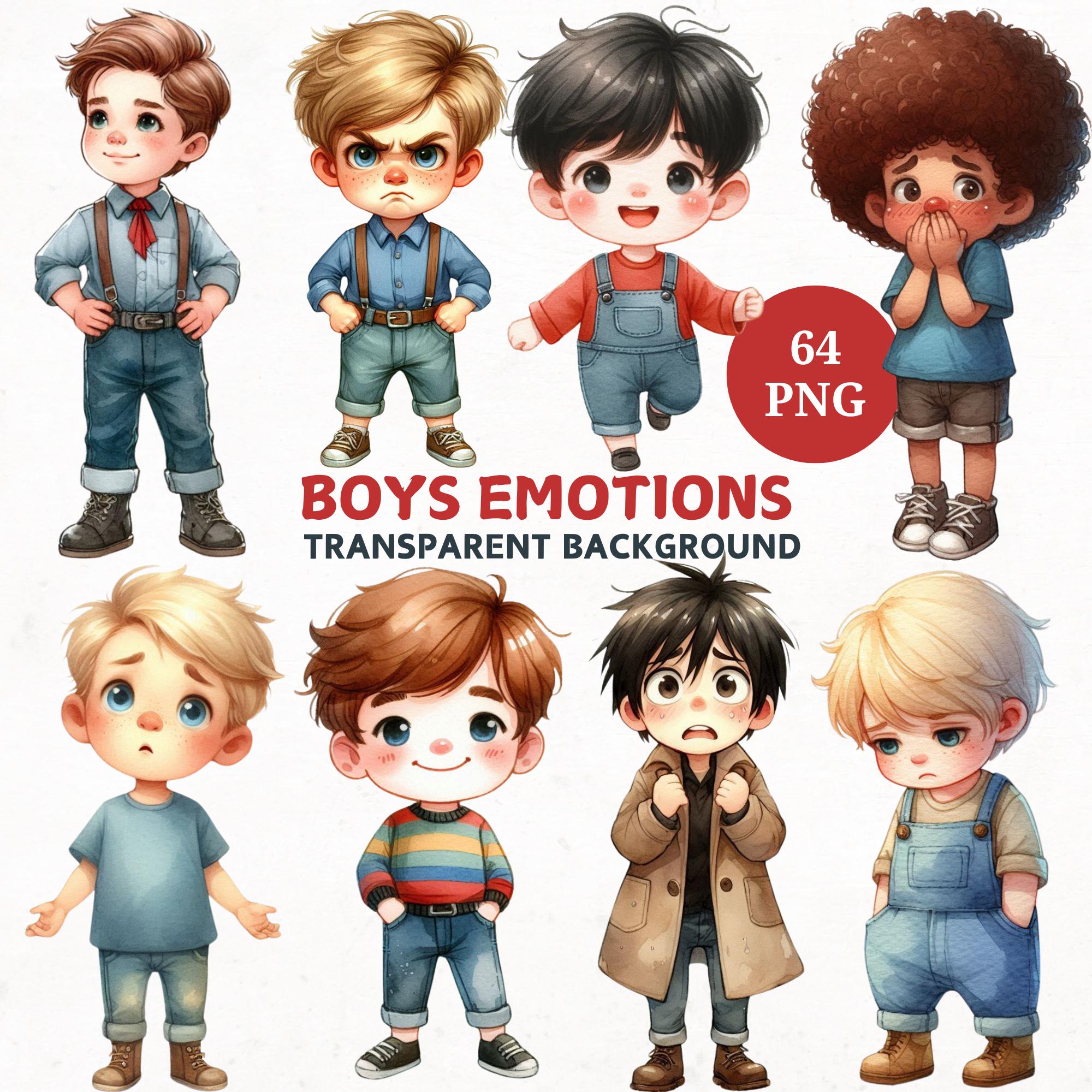 Watercolor Boy Emotions Clipart Bundle: 64 PNG Illustrations (digital ...