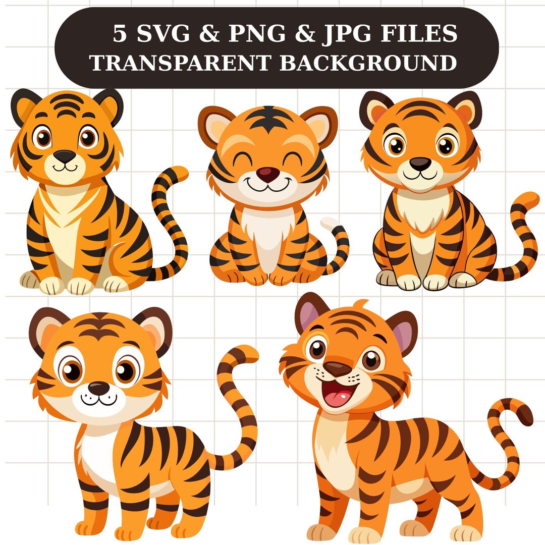 5 Cute Tiger Clipart Bundle, SVG JPG and Transparent PNG, Printable ...