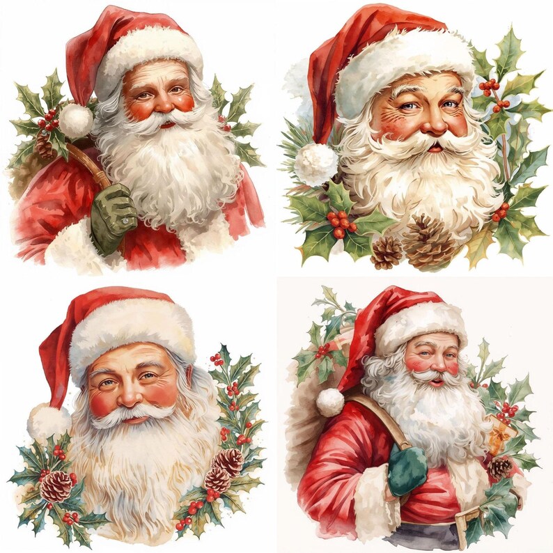 Vintage Santa Claus Clipart Bundle: 20 JPG, Watercolor Christmas Images ...