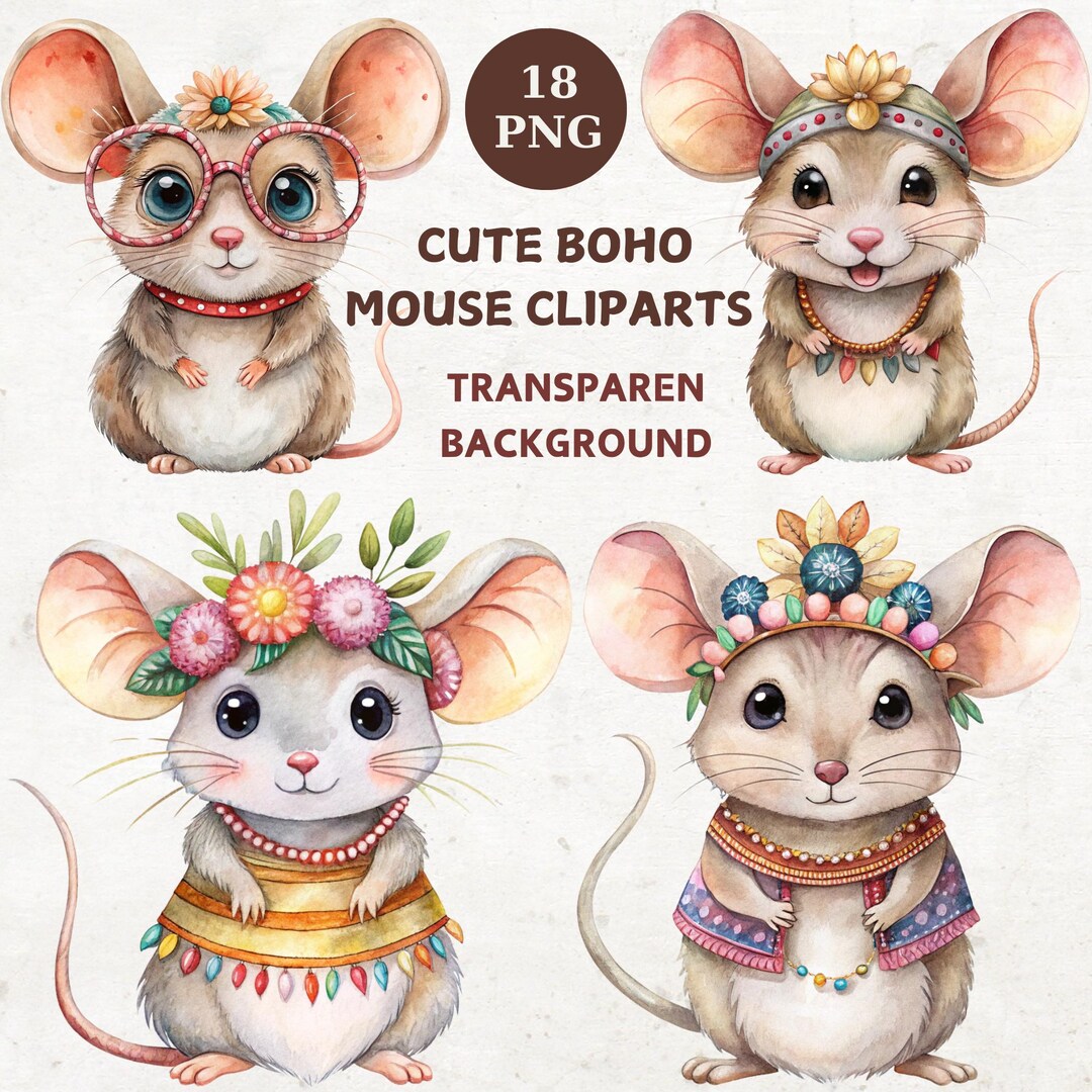 Boho Mouse Clipart Bundle, 18 Transparent Png, Cute Mouse, Printable ...
