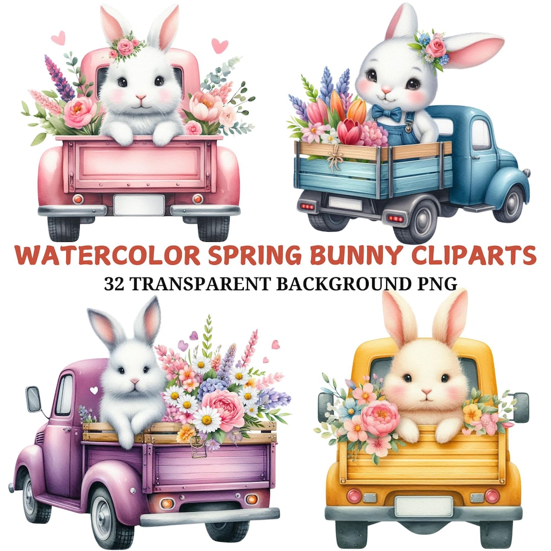 Watercolor Spring Bunny Clipart: Floral Truck Designs (32 PNG) - Etsy