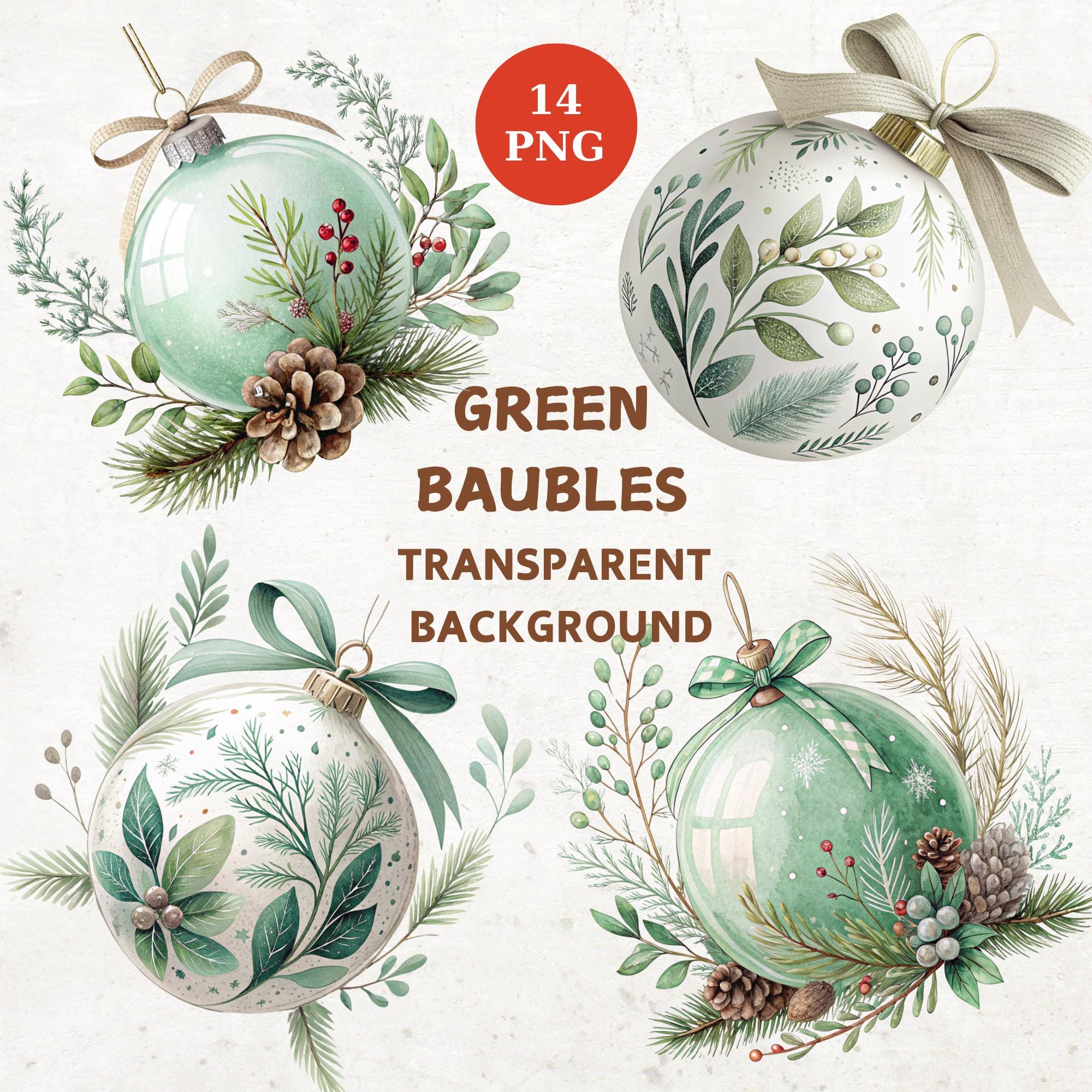 Christmas Bauble Clipart: Green & Cream Ornaments (PNG Digital Download ...