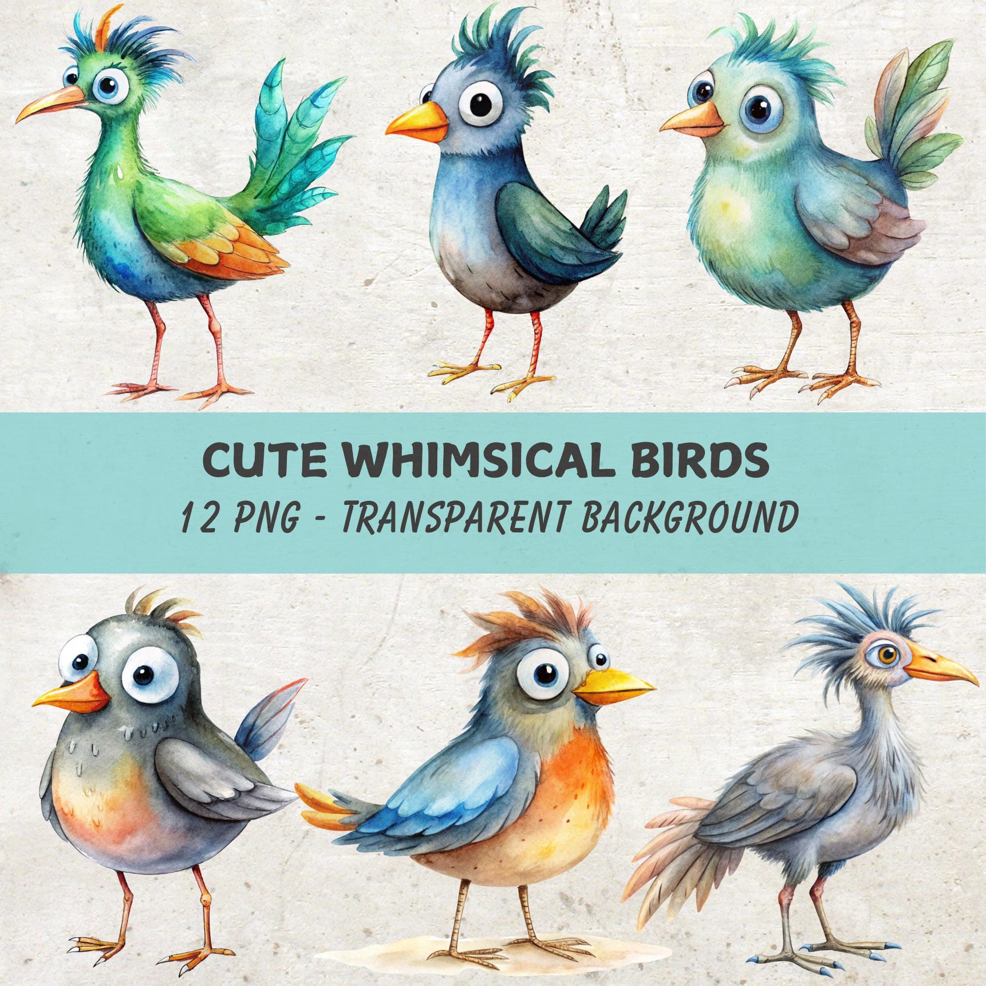 12 Cute Whimsical Birds Png Bundle, Watercolor Birds Png, Transparent ...