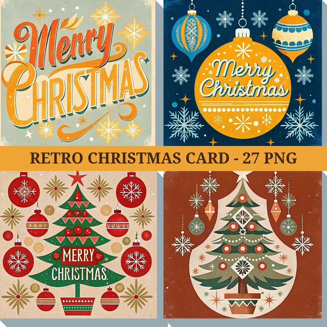 Retro Christmas Card Bundle, 27 Png Images for Holiday Crafts, Vintage ...