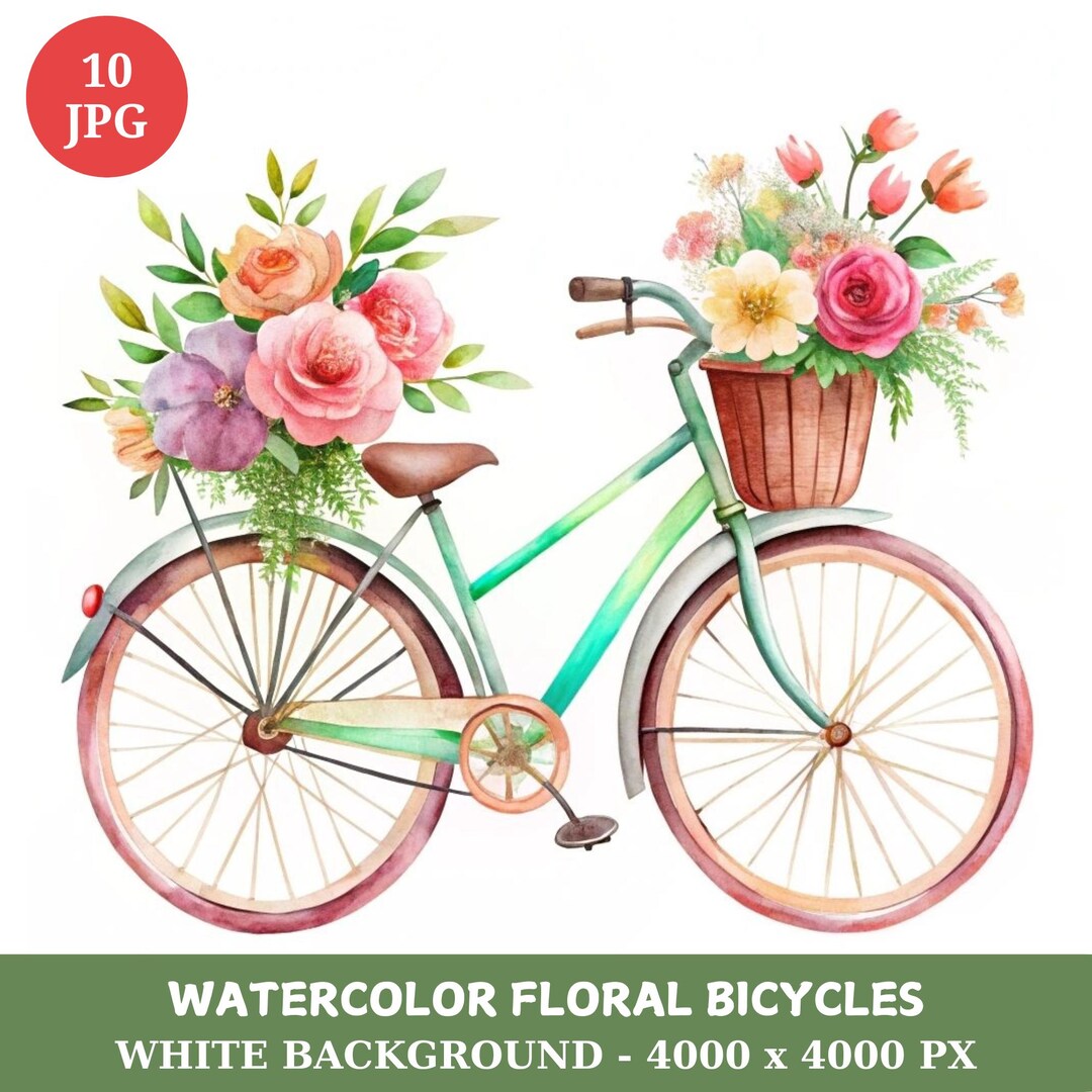 Watercolor Floral Bicycle Clipart Bundle, Vintage Bicycle, High Quality ...
