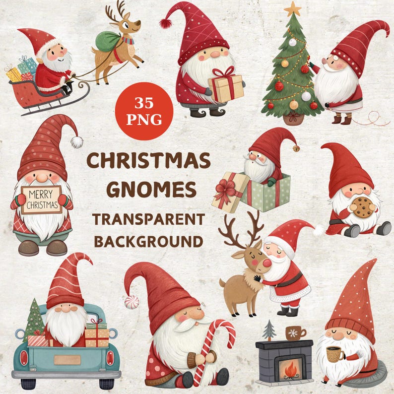 Adorable Santa Gnome Clipart Bundle, 35 Png Illustrations With ...