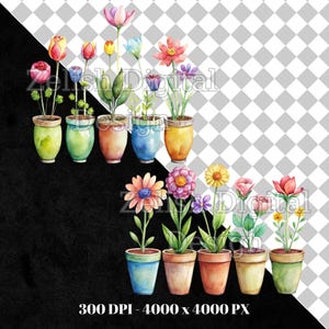 Watercolor Flowerpots Clipart Bundle: Spring Floral PNG (digital ...