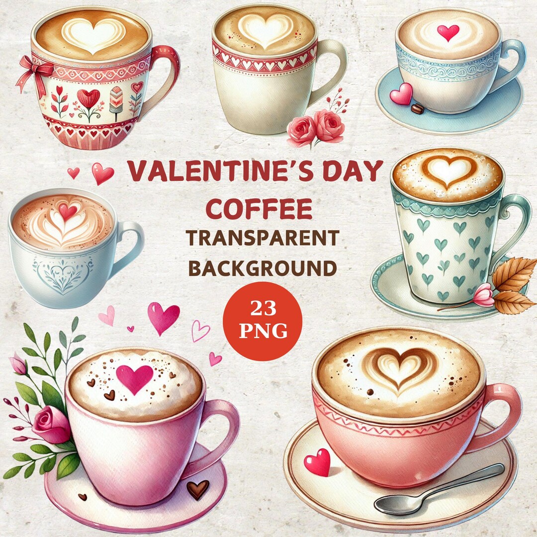 Valentine Coffee Clipart, Watercolor Coffee Bundle, 23 Transparent Png ...