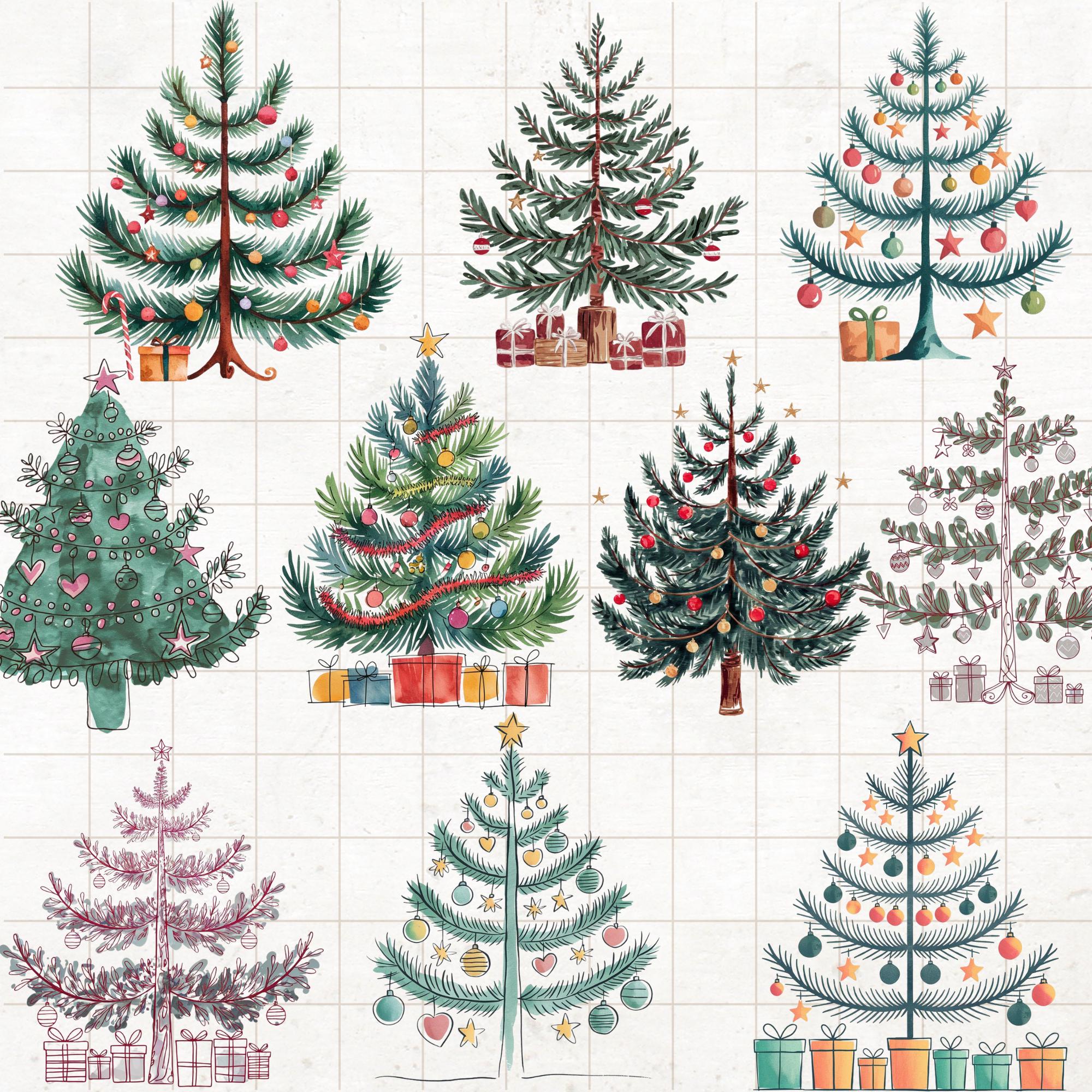 28 Line Art Christmas Tree Clipart Bundle, Watercolor Christmas Tree ...
