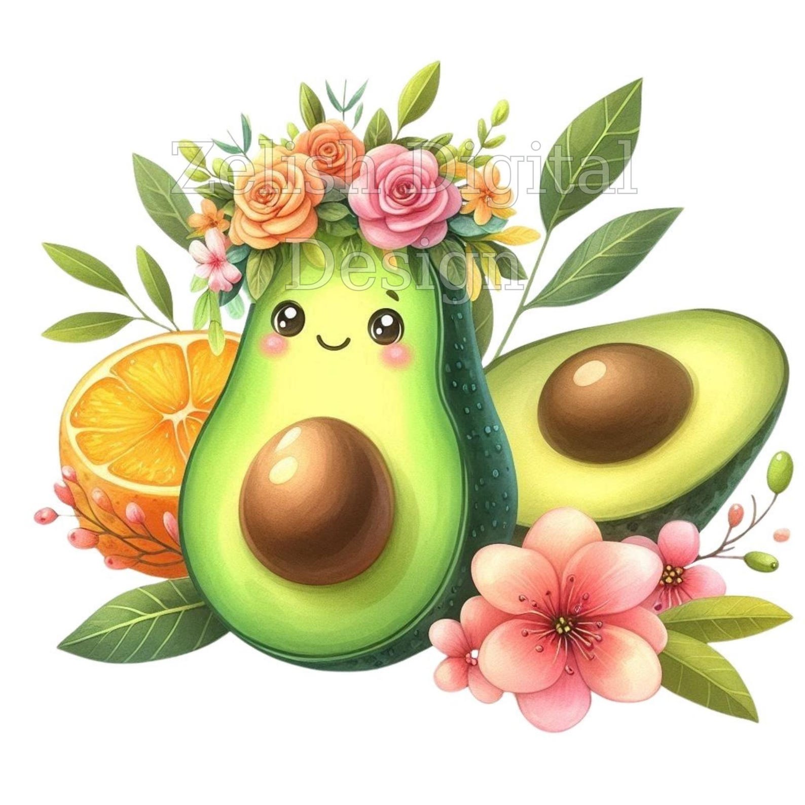Cute Floral Avocado Clipart Bundle, Watercolor Avocado Art, 10 High ...