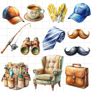Watercolor Father's Day Clipart Bundle: Dad Theme PNG Set (digital ...