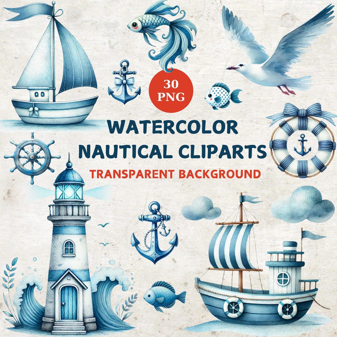 Watercolor Nautical Clipart Bundle: Ocean Illustrations (digital ...