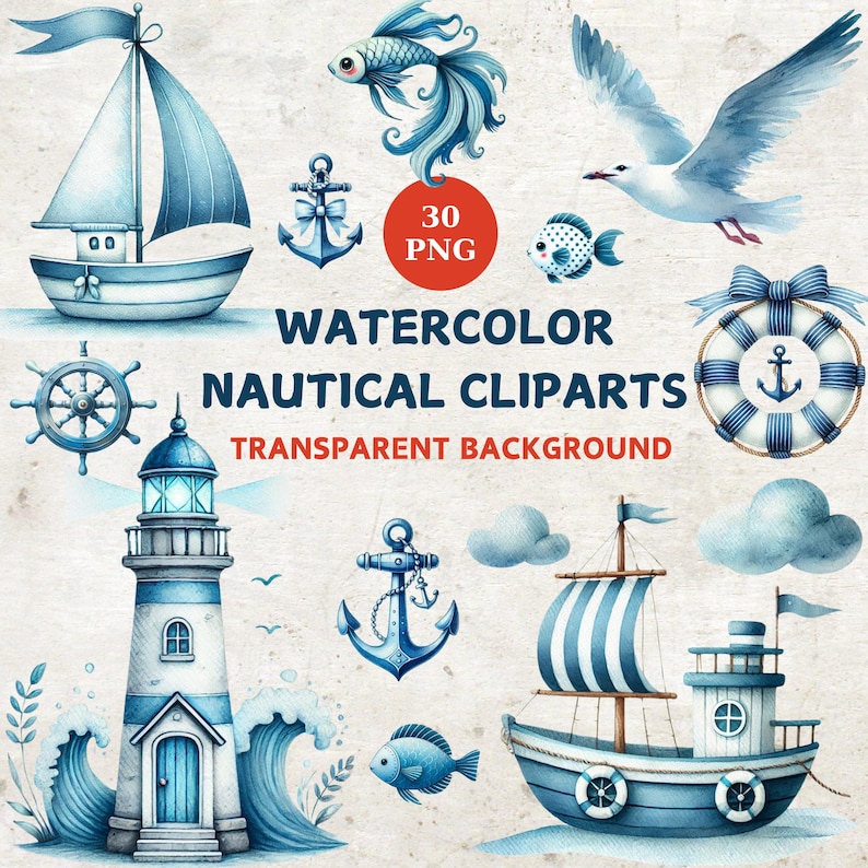 Watercolor Nautical Clipart Bundle, 30 Transparent Background Png, Blue ...