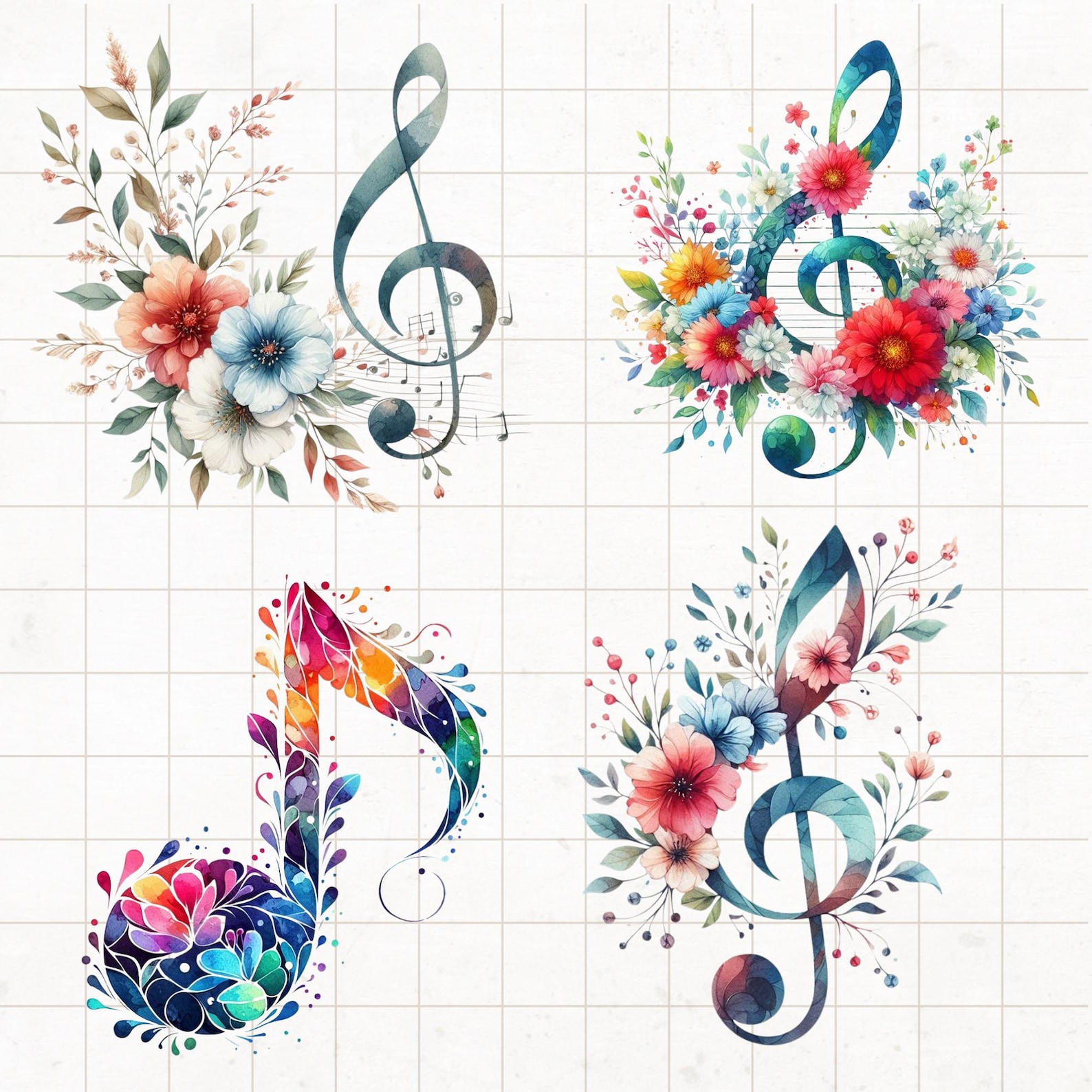 Floral Music Note Clipart Bundle, 16 Transparent Png, Printable ...