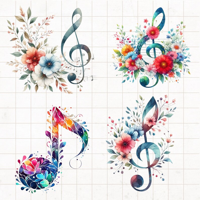 Floral Music Note Clipart: Watercolor PNG Bundle (digital Download) - Etsy