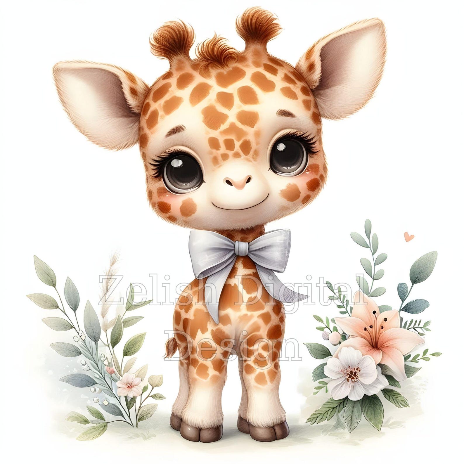 Watercolor Baby Giraffe Clipart, Floral Safari Animals (digital ...