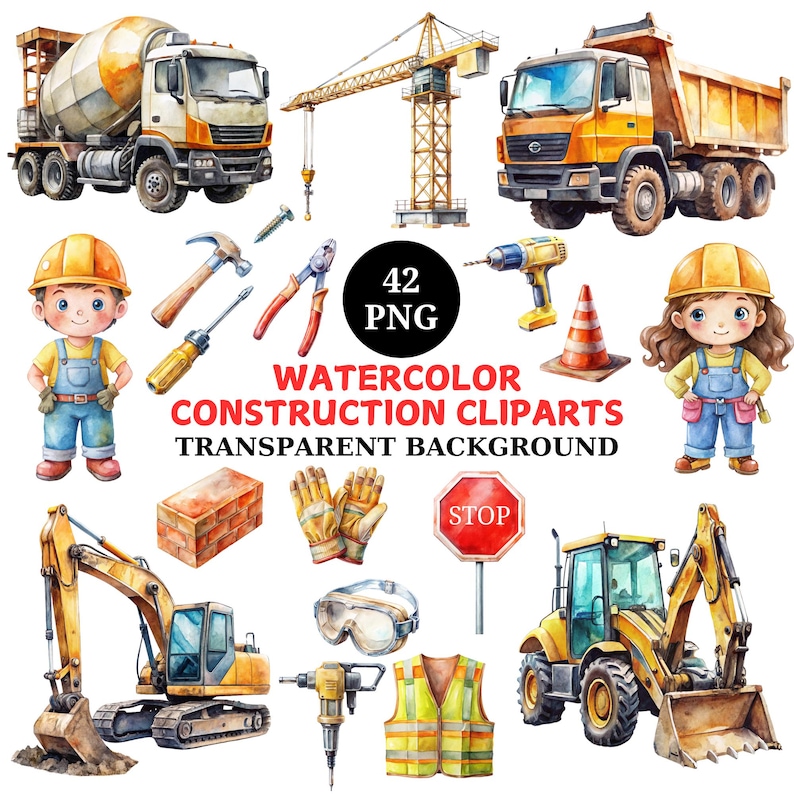 Watercolor Construction Clipart Bundle: 42 PNG Tools & Vehicles ...