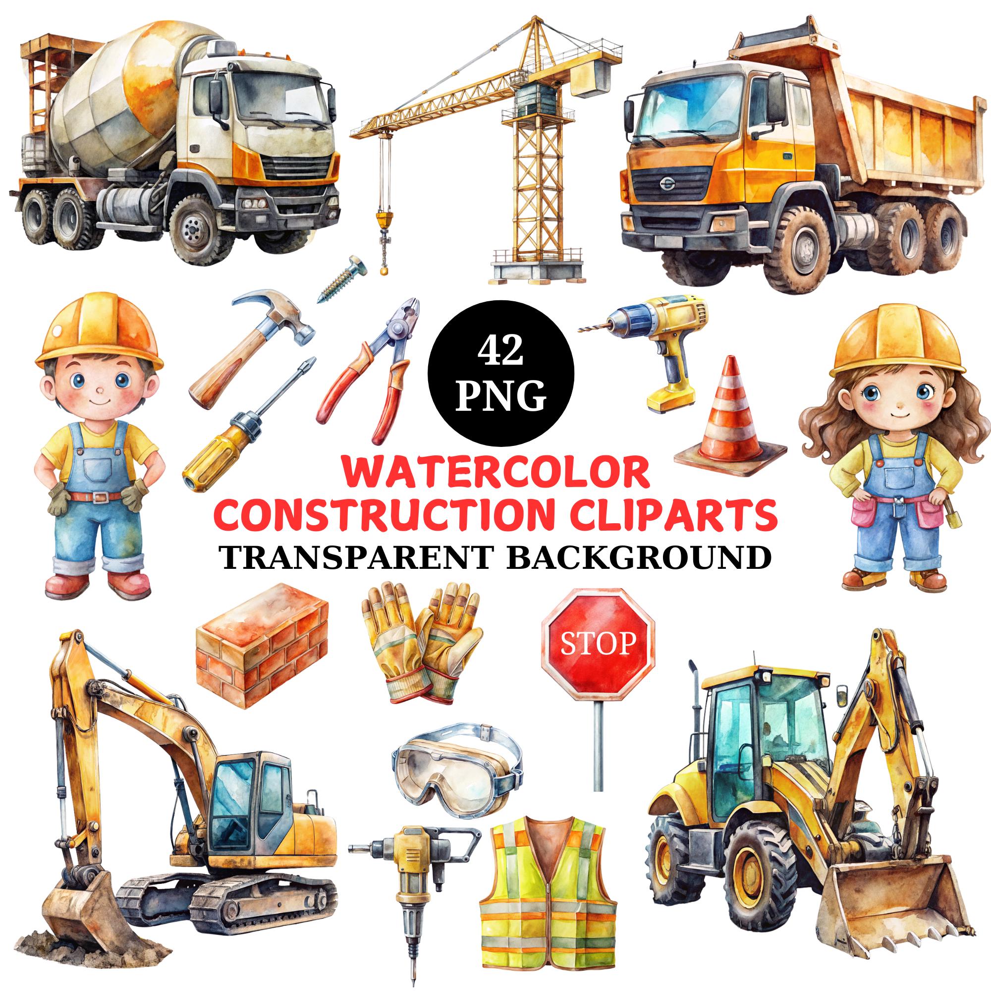 Watercolor Construction Clipart Bundle: 42 PNG Tools & Vehicles ...