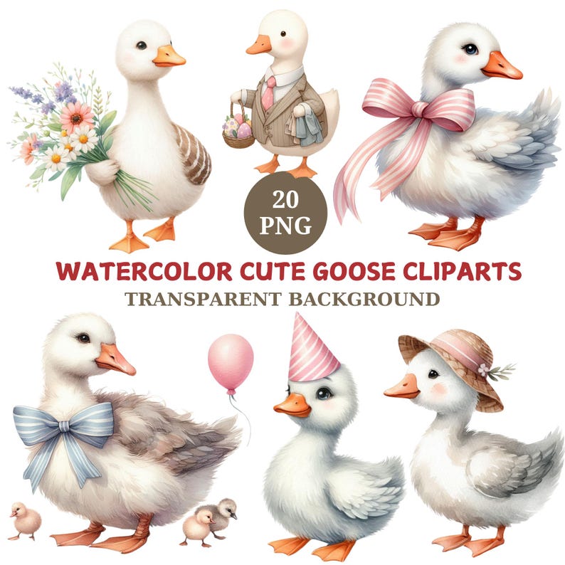 Cute Goose Clipart Bundle, 20 Transparent Watercolor Geese, Baby Shower ...