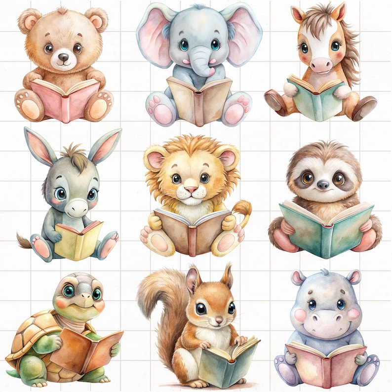 Watercolor Baby Animal Reading Clipart: Bookish Nursery Decor (PNG ...