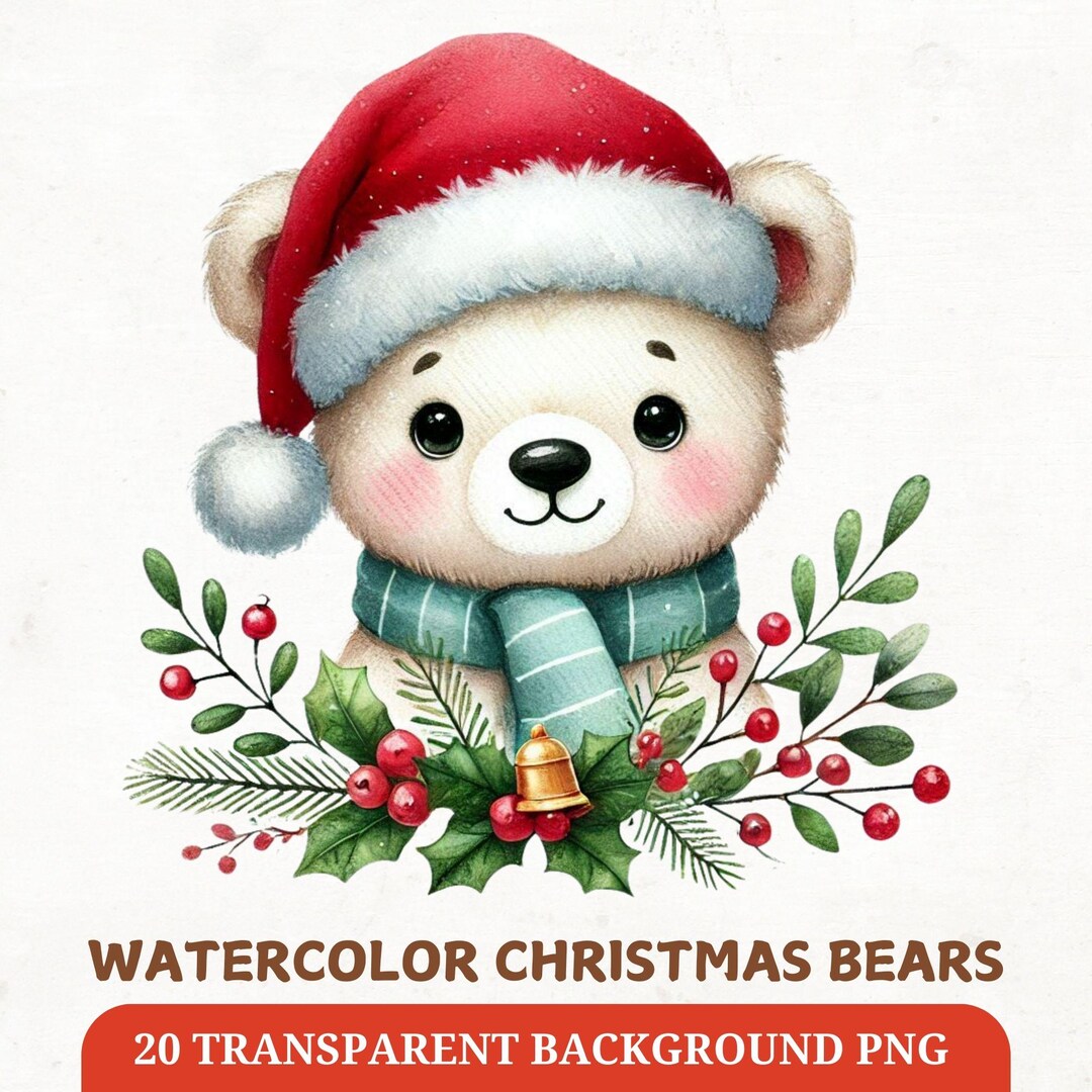 Watercolor Christmas Bear Clipart Bundle: Holiday PNG Illustrations ...