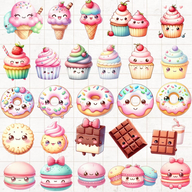 Watercolor Kawaii Sweets Clipart: 76 Pastel Candy PNG Bundle (digital ...