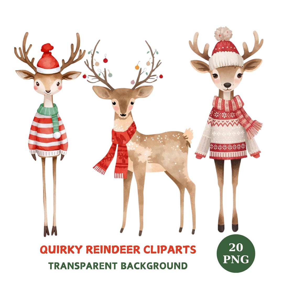 Watercolor Reindeer Clipart Bundle: 20 Funny Christmas PNG Graphics ...