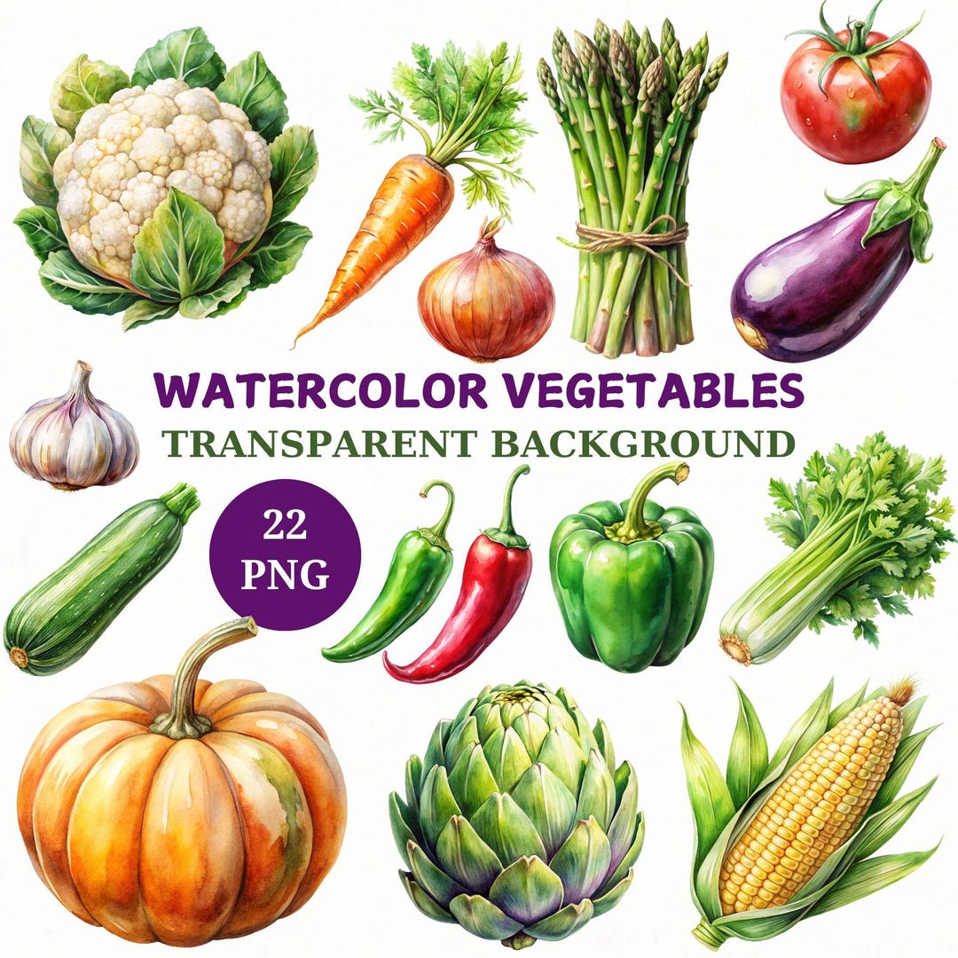 Watercolor Vegetables Clipart Bundle: 22 PNG Fresh Food Graphics ...