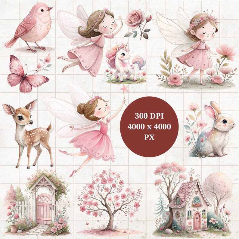 Watercolor Fairy Garden Clipart Bundle, 40 Transparent Png, Cute Fairy ...