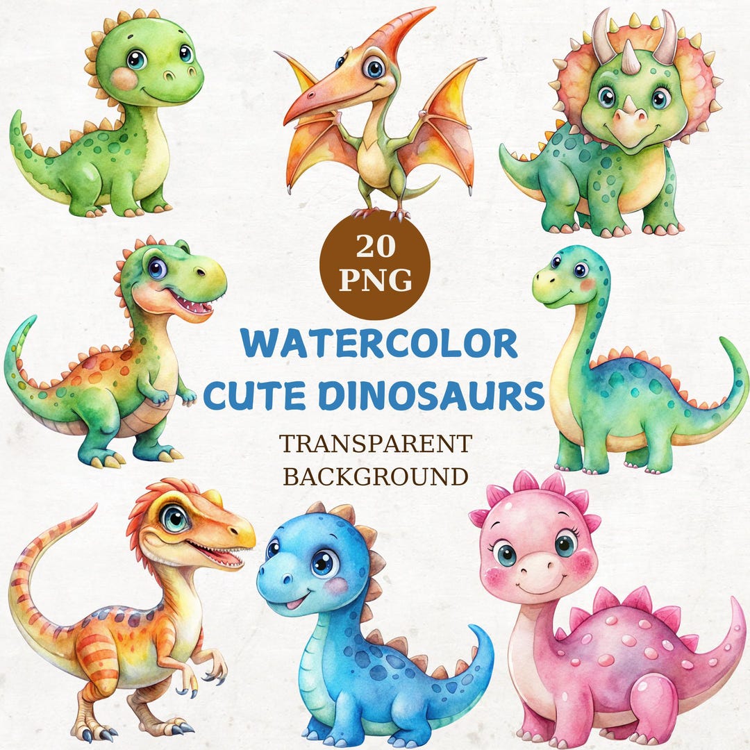 Watercolor Cute Dinosaur Clipart Bundle, 20 Transparent Png, Printable ...