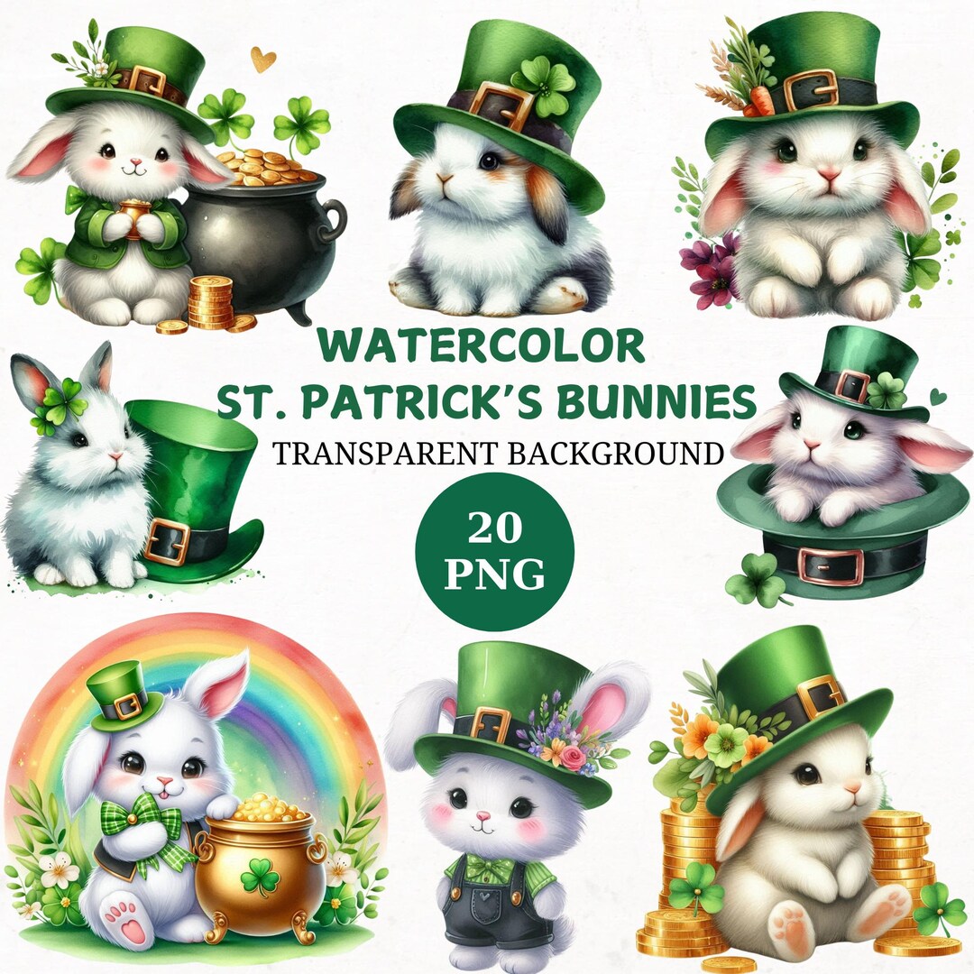 St. Patrick's Day Bunny Clipart Bundle, Cute Rabbit Clipart, Lucky ...