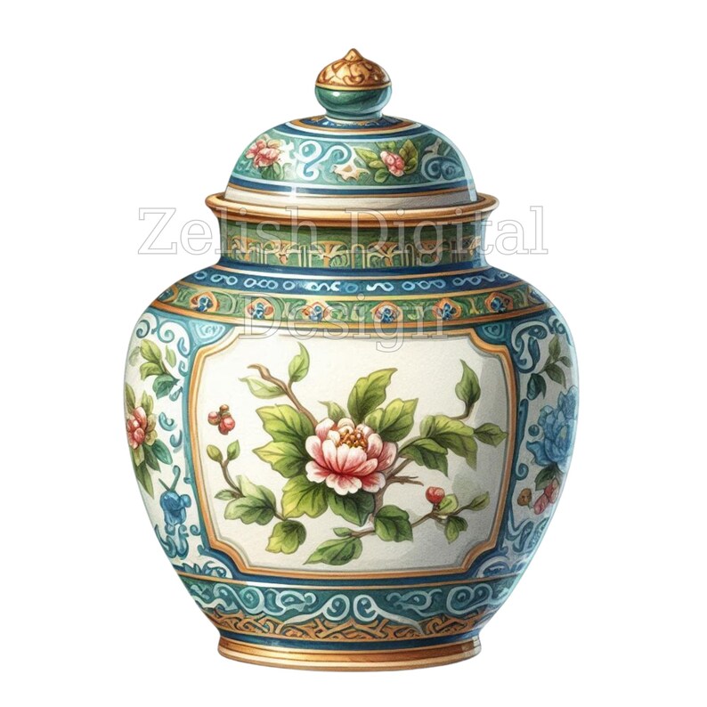 10 Watercolor Chinoiserie Ginger Jar Clipart Bundle, Digital Download ...