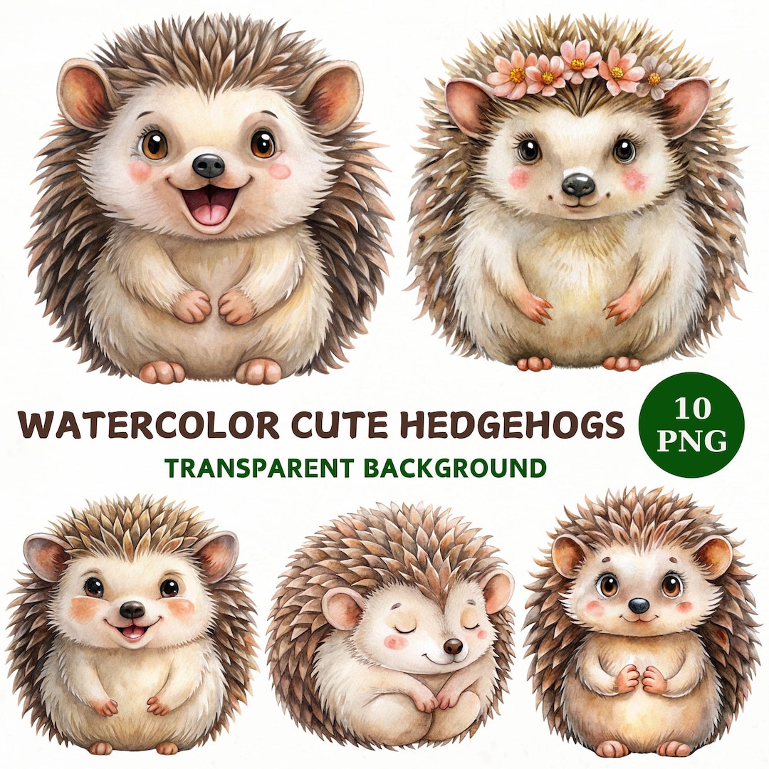 Watercolor Hedgehog Clipart Bundle, Transparent PNG, Animal ...