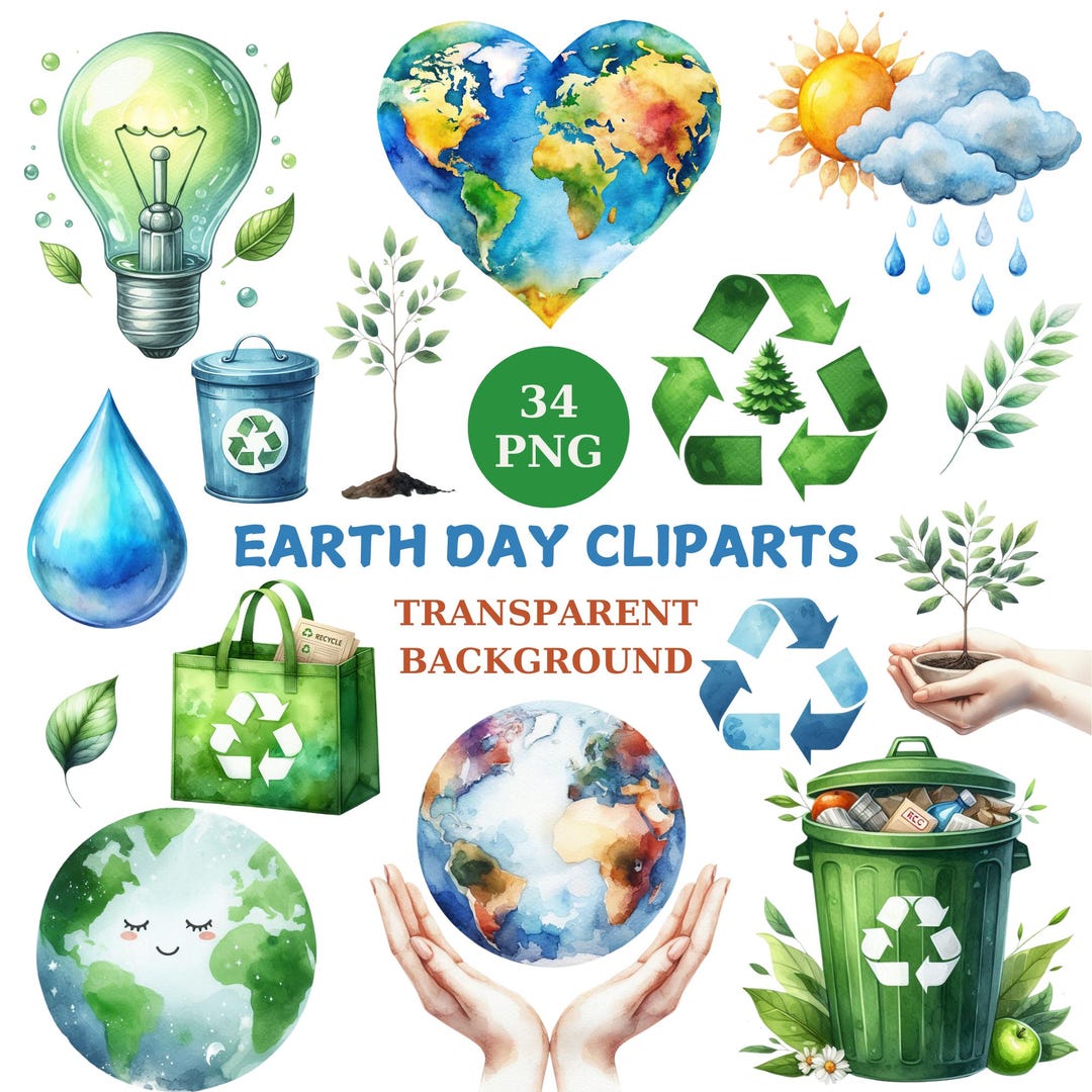 Watercolor Earth Day Clipart Bundle: 34 Eco-friendly PNG Illustrations ...