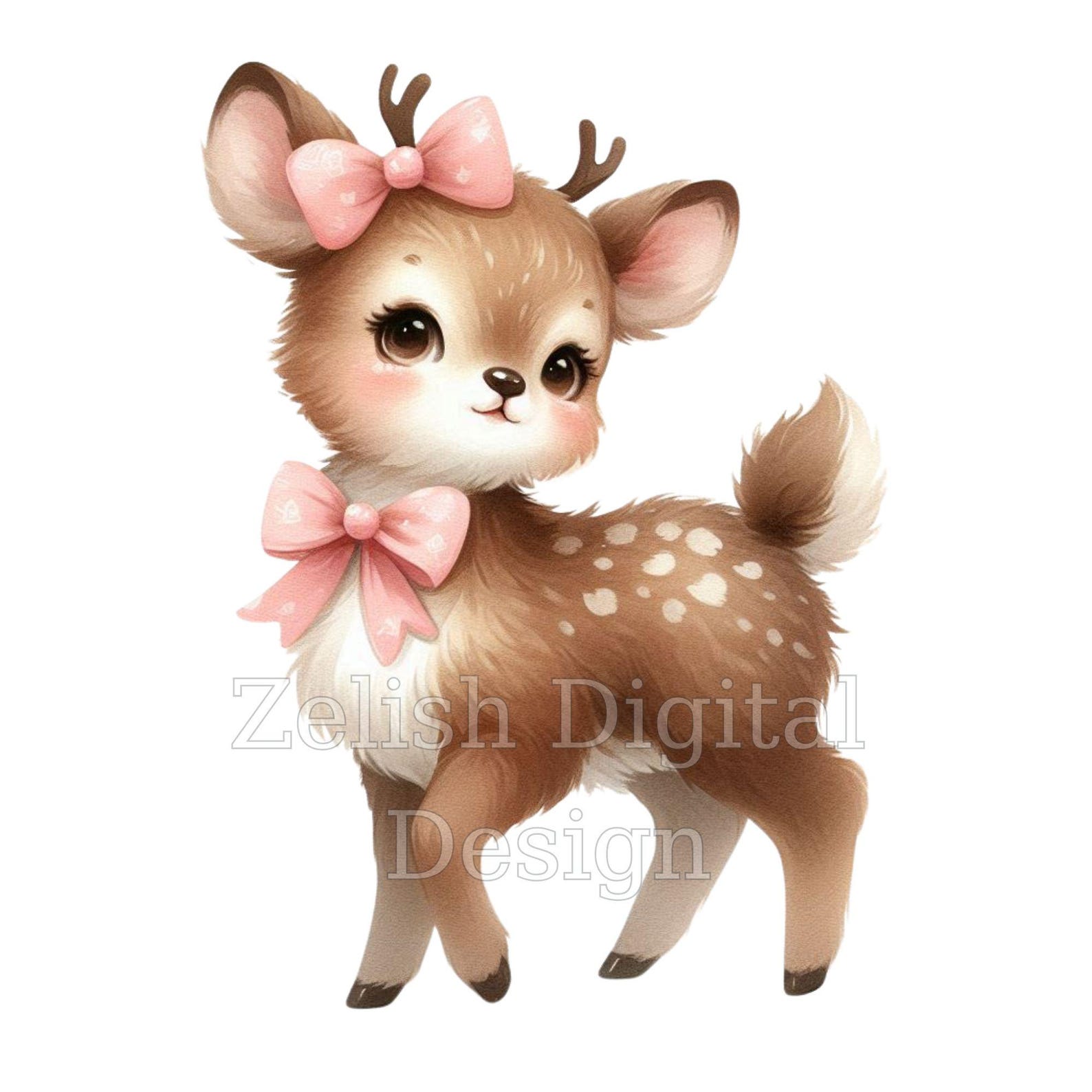 Watercolor Deer Clipart Bundle, Pink Bows, Nursery Art (JPG Digital ...