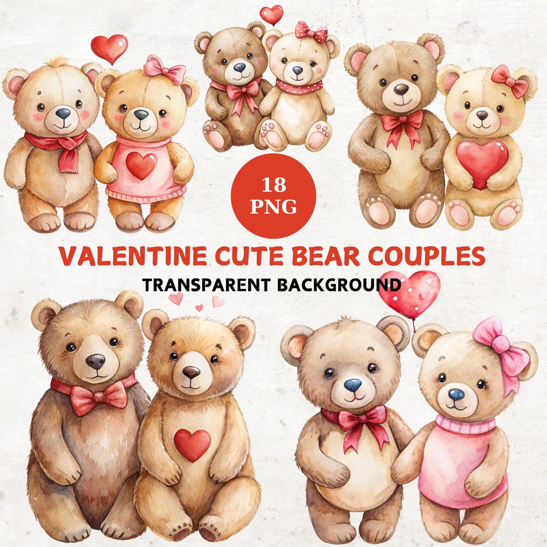 Watercolor Teddy Bear Couple Clipart: Valentine's Day PNG Bundle (18 ...