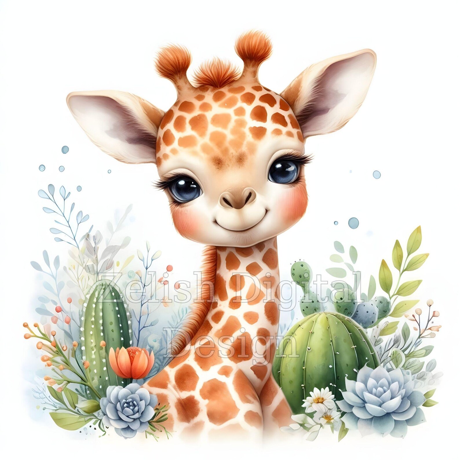 Watercolor Baby Giraffe Clipart, Floral Safari Animals (digital ...