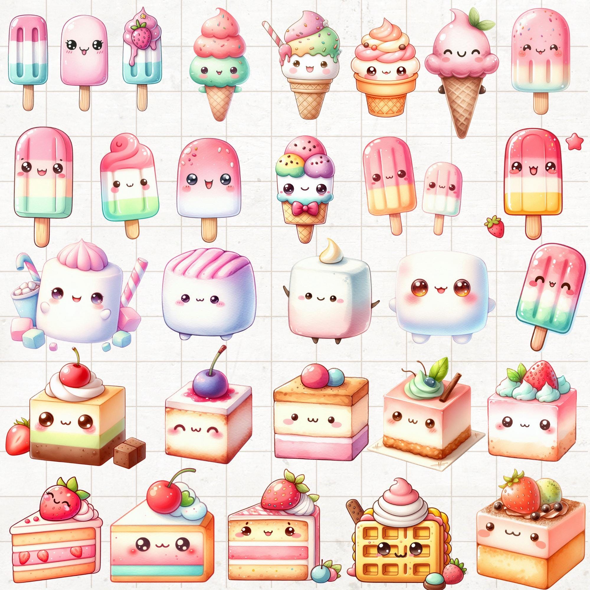 76 Watercolor Kawaii Sweets Clipart Bundle, Soft Colors Macarons ...