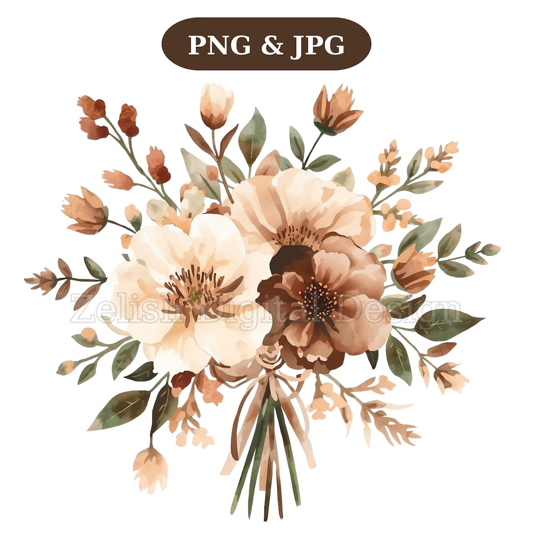 8 Watercolor Boho Flowers Bouquet Clipart Bundle: PNG & JPG Files ...