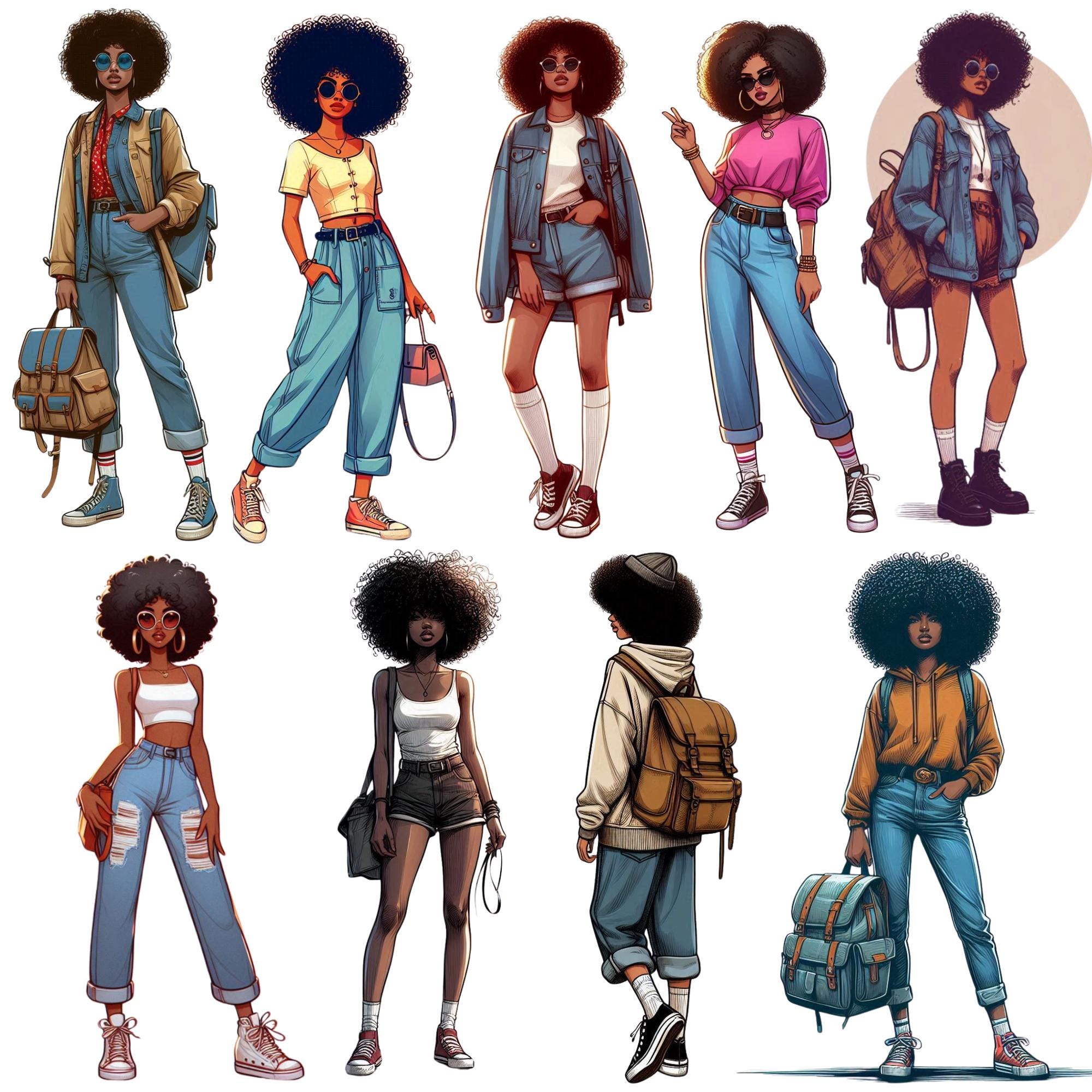 40 Black Girl Clipart Bundle, Big Hair Afro Girl Clipart, Denim Girl ...