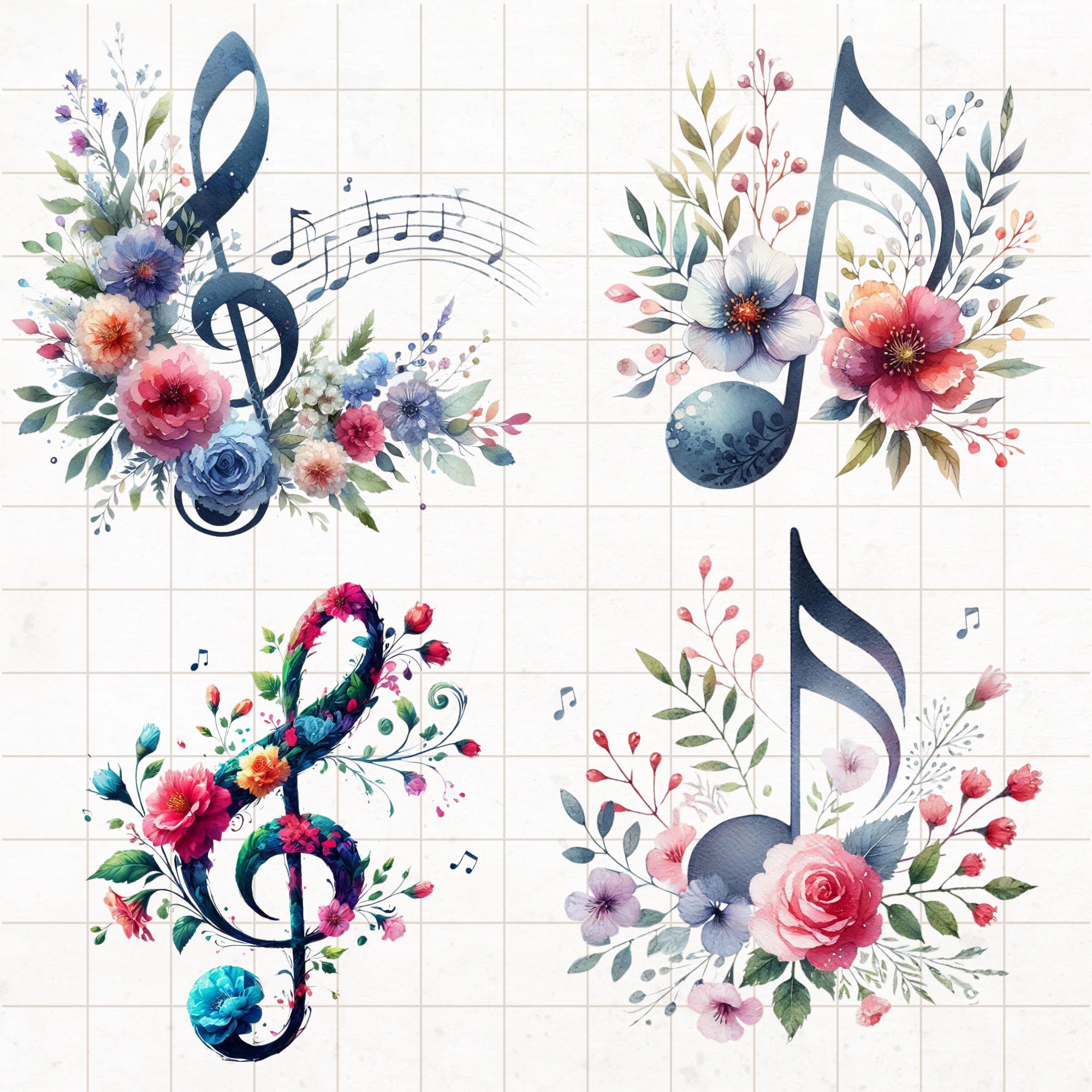 Floral Music Note Clipart Bundle, 16 Transparent Png, Printable ...