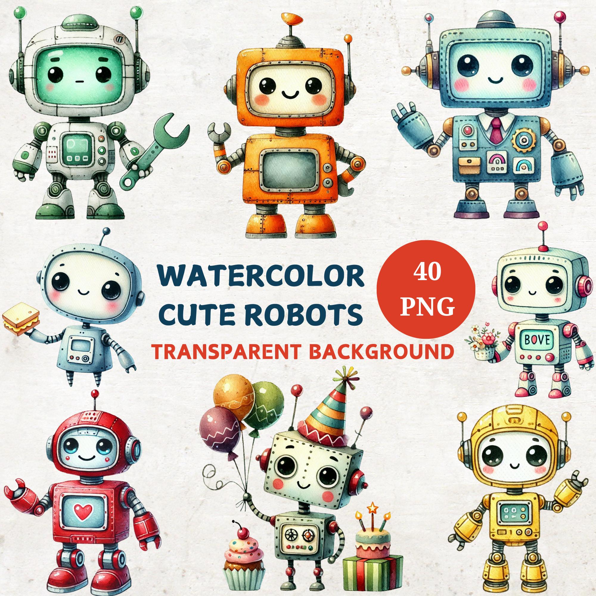 30 Cute Robots Clipart, Transparent Background Watercolor Robot Png ...
