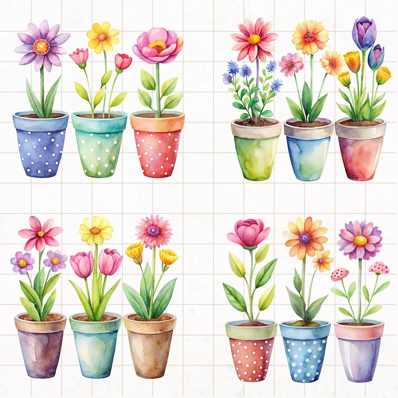 Watercolor Flowerpots Clipart Bundle: Spring Floral PNG (digital ...