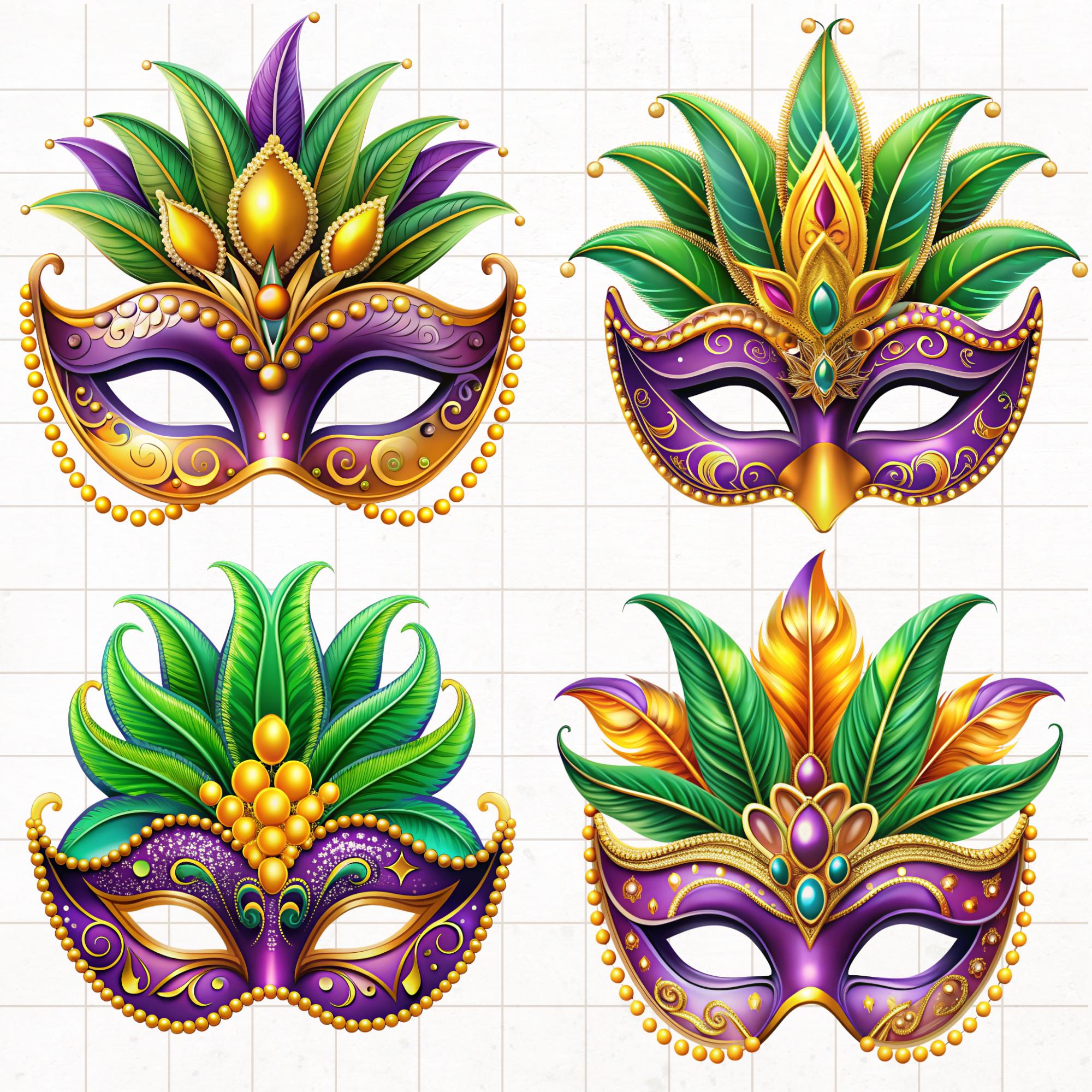 Mardi Gras Mask Clipart: Carnival Feather Mask PNG Bundle (digital ...