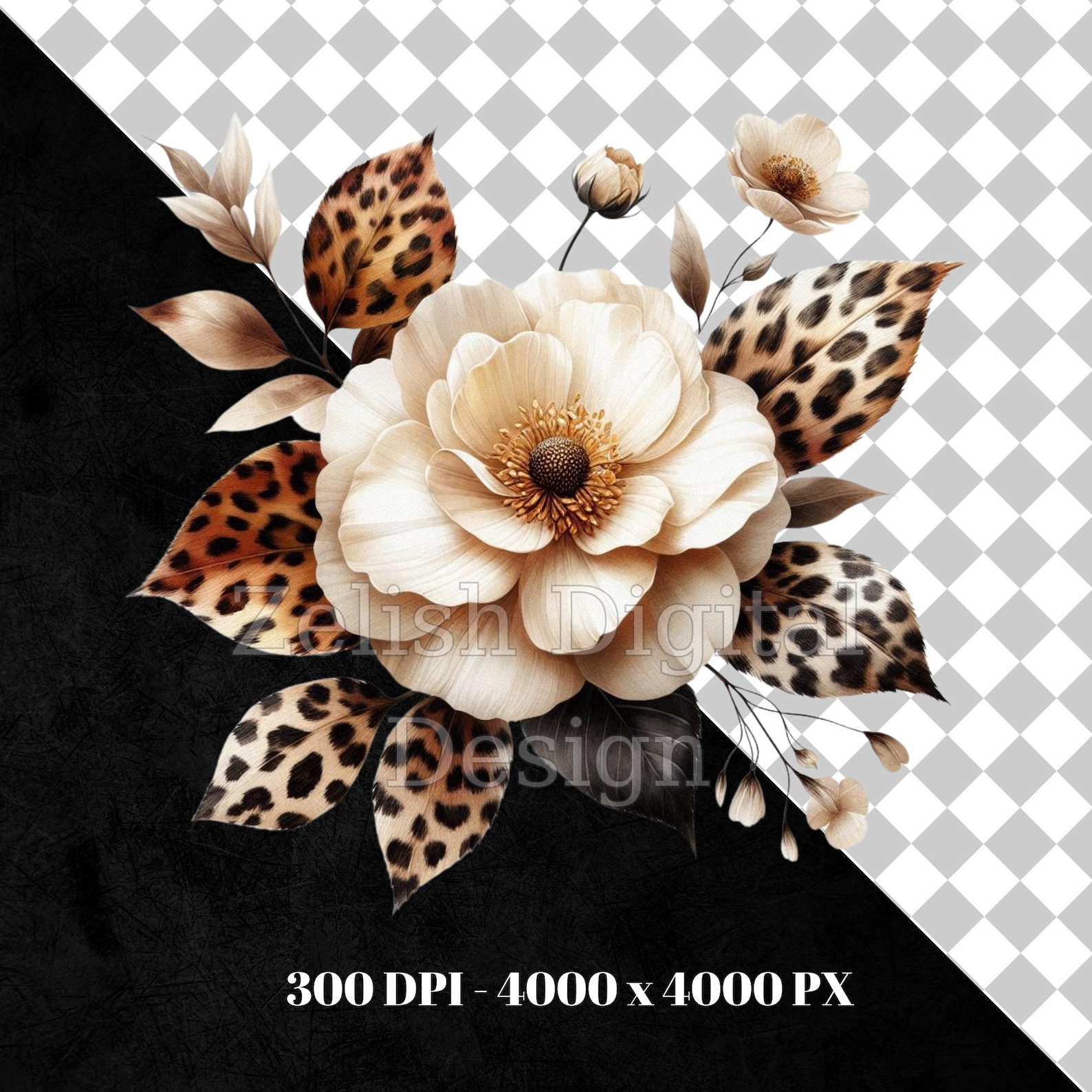 Watercolor Leopard Print Flower Clipart: 10 PNG Floral Illustrations ...