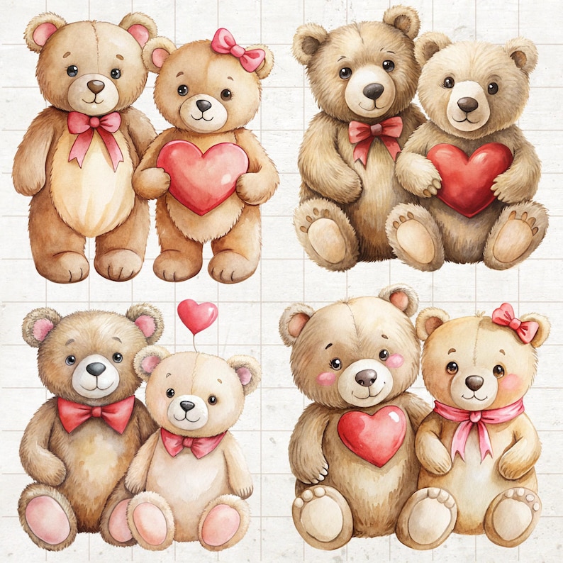 Watercolor Teddy Bear Couple Clipart: Valentine's Day PNG Bundle (18 ...