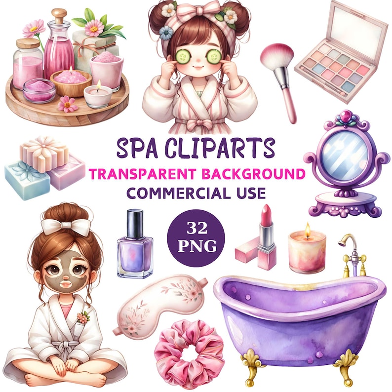 Spa Party Clipart Bundle: 32 Self-care & Pampering PNG Images (digital ...