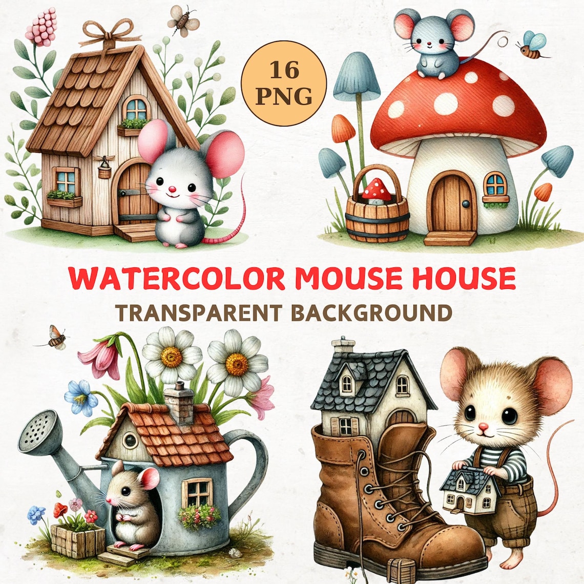 Watercolor Mouse House Clipart: Whimsical PNG Bundle (digital Download ...