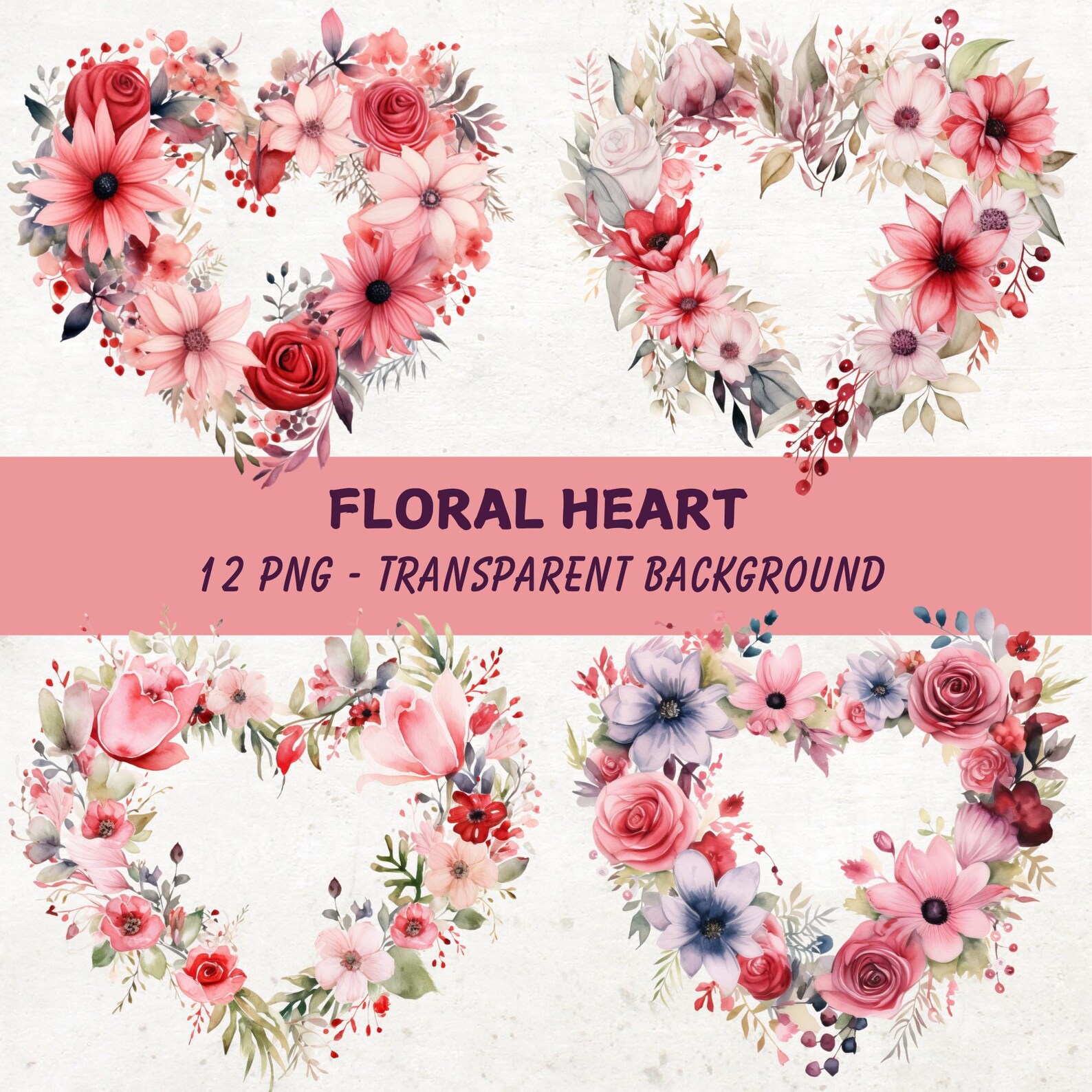 Flower Heart Clipart Bundle, 12 Transparent Png, Watercolor Valentines ...